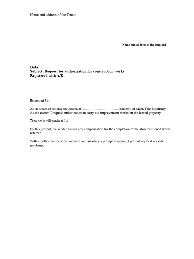 Letter To Request Authorization From The Landlord For Construction ...