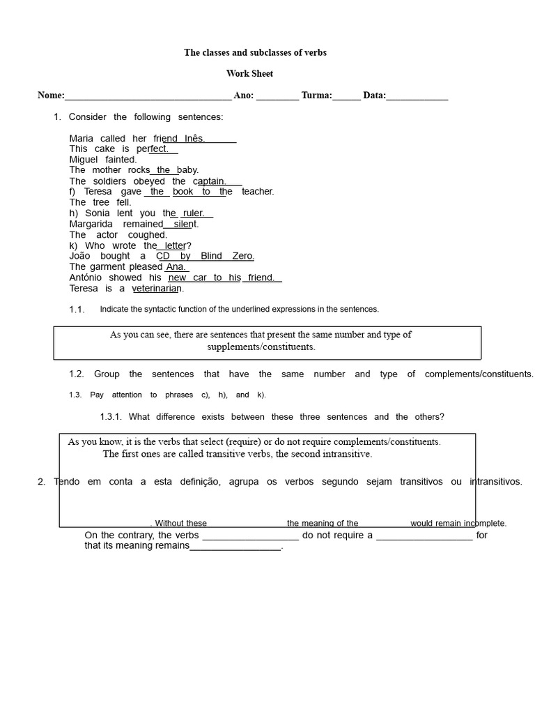 Verb Classes and Subclasses Worksheet | PDF | Verb | Subject (Grammar)