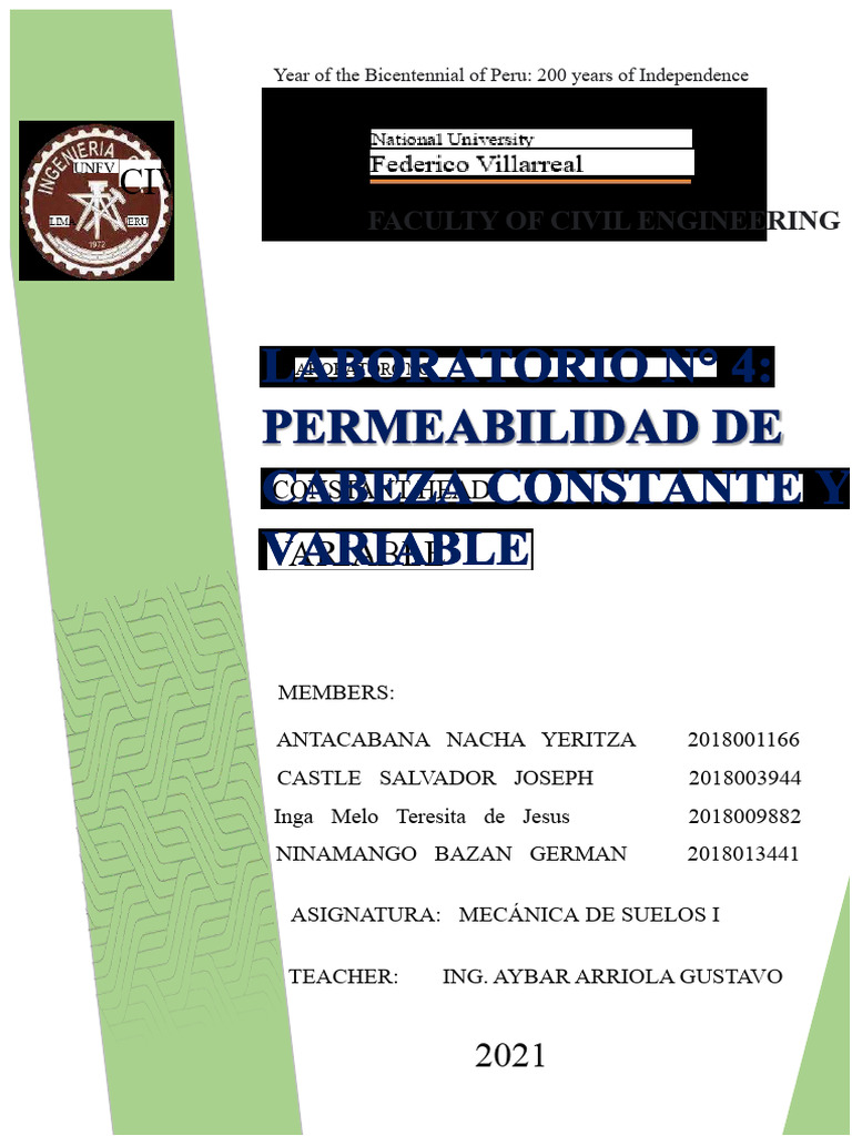 LABORATORY NO. 4 - CONSTANT AND VARIABLE HEAD PERMEABILITY | PDF ...