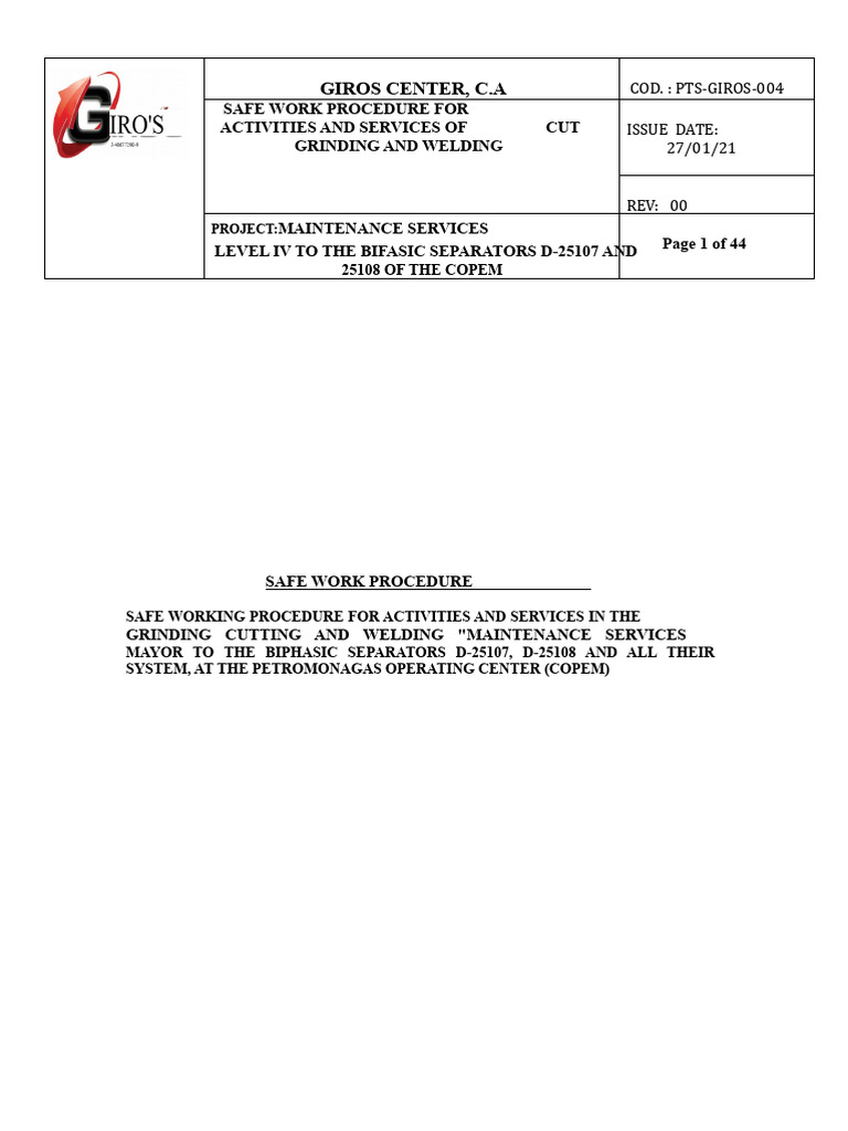 Safe Work Procedure For Cutting, Grinding, and Welding | PDF ...