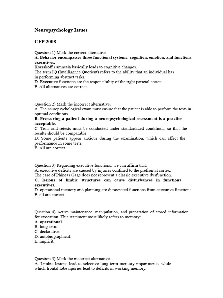 FILE OF QUESTIONS NEUROPSYCHOLOGY TEST | PDF | Executive Functions ...