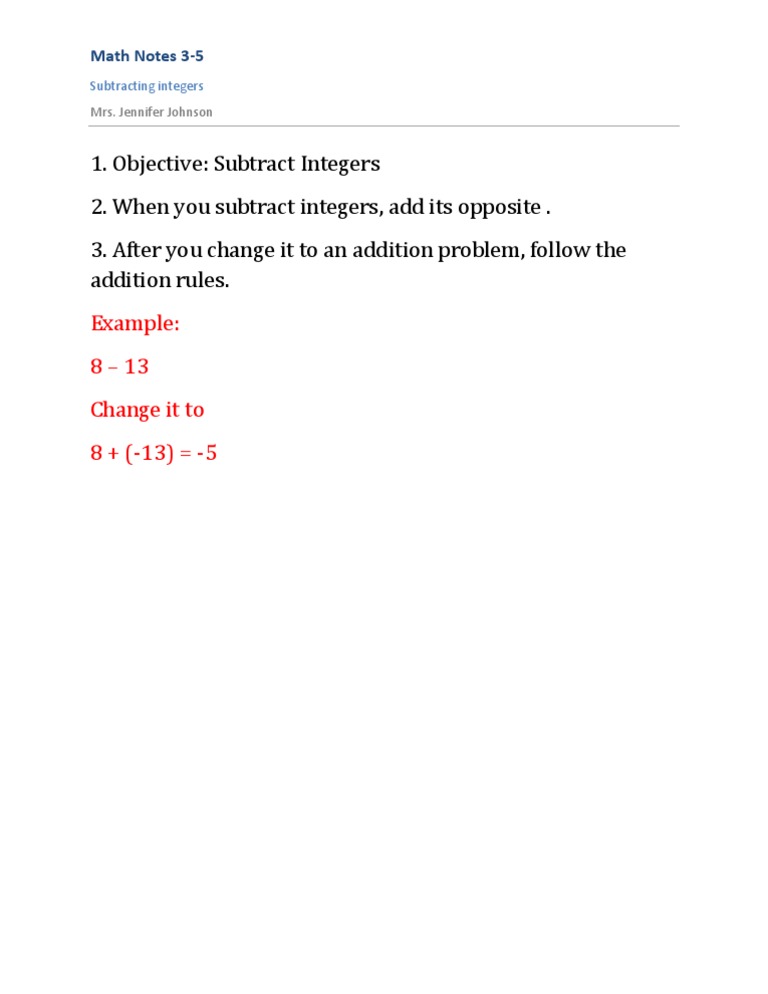 Subtracting Integers Explained | PDF