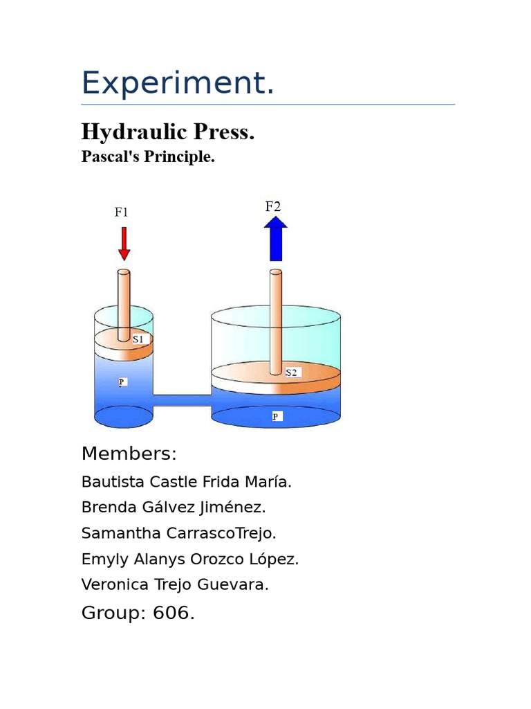 Hydraulic Press and Pascal's Principle | PDF | Pressure | Hydraulics