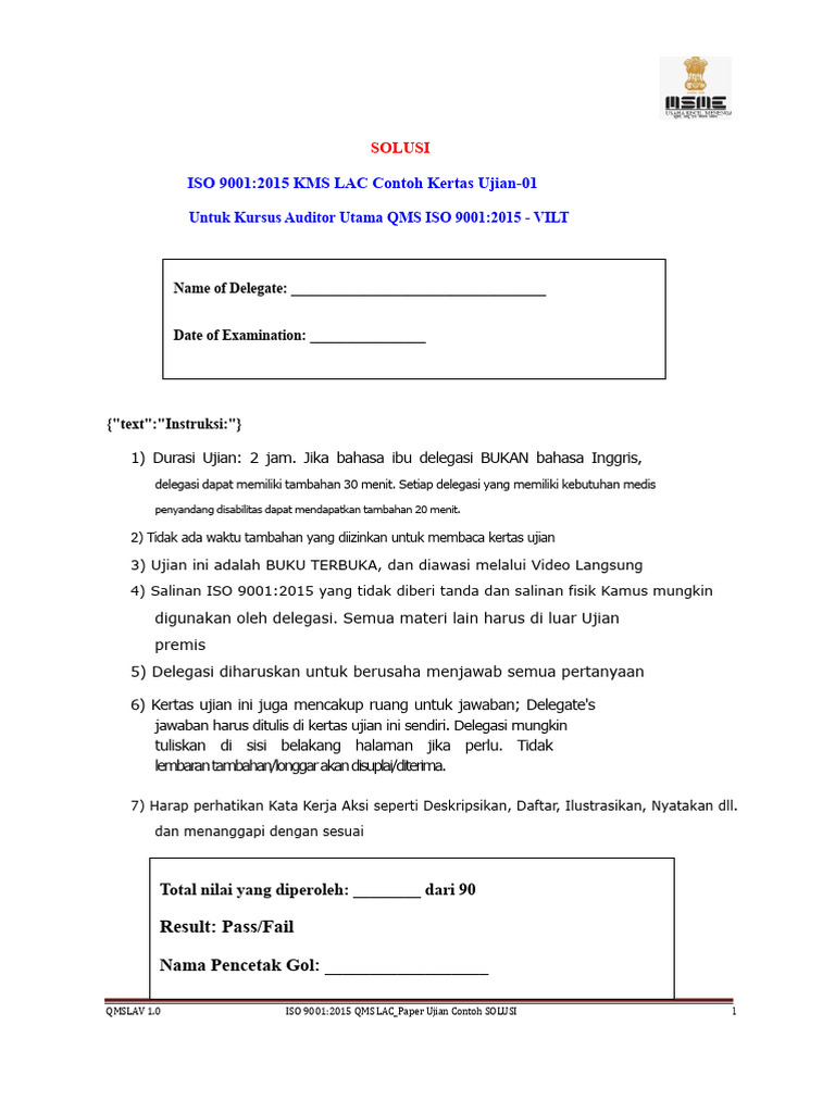 09 SOLUSI - Ujian Spesimen Kertas - ISO 9001-QMS LATC V 1.0 | PDF