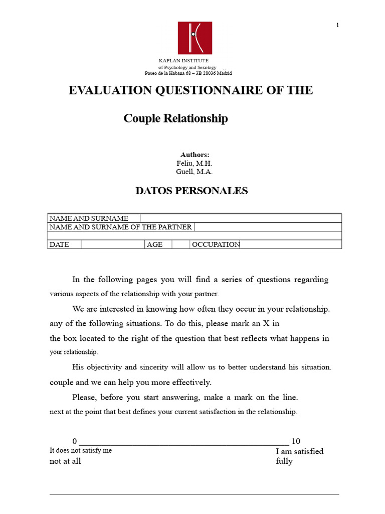 Couple Relationship Evaluation Questionnaire | PDF | Social Psychology ...