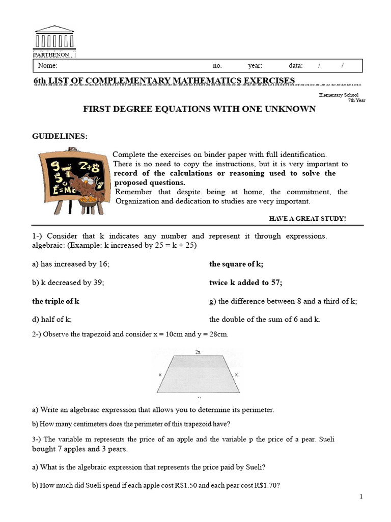 6th Complementary Math Exercise List (First Degree Equations with One ...