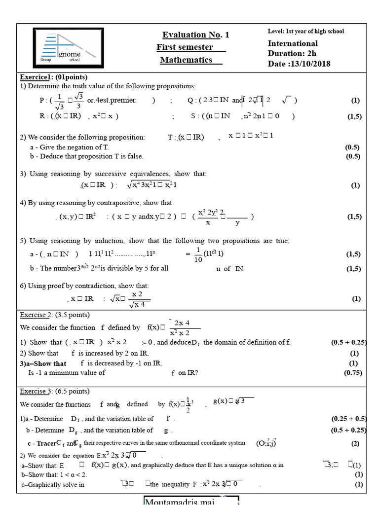Maths Assignment 1st Year Bac SX International FR s1 3 | PDF | Function ...