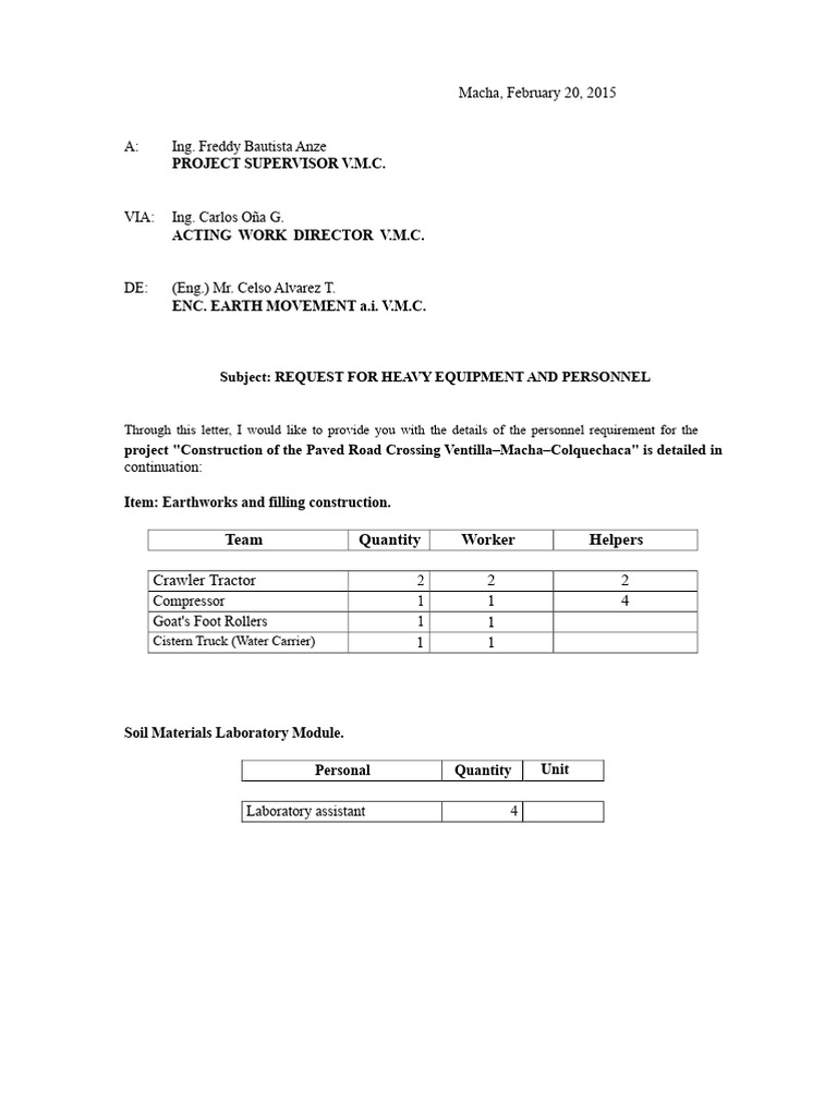 Letter Requesting Personal Earth Movement | PDF | Transport | Engineering
