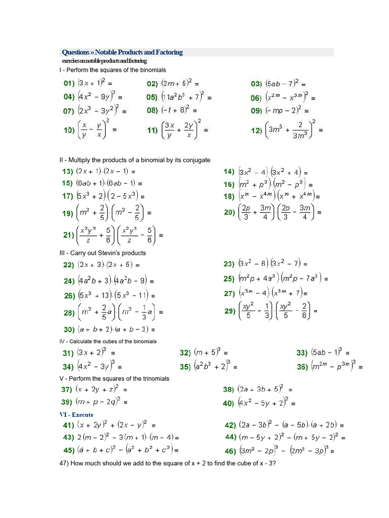 Exercises on notable products and factoring | PDF