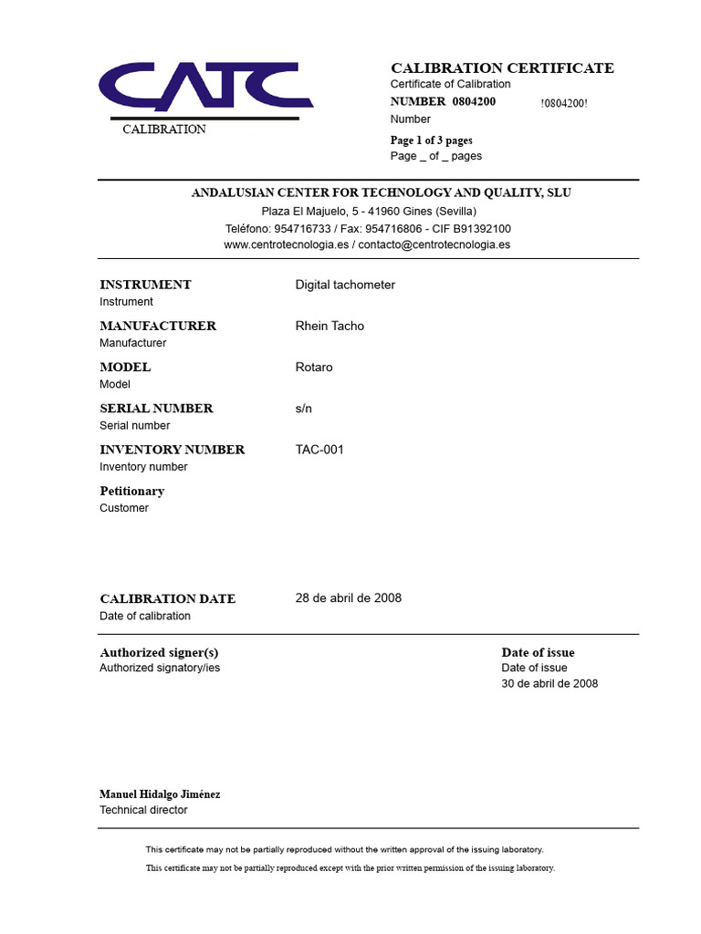 Digital Tachometer Calibration Certificate | PDF | Calibration ...