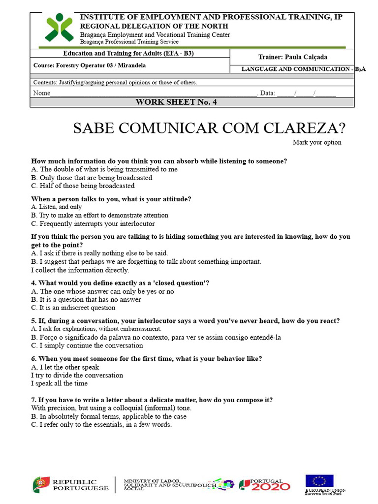 WORK SHEET No. 4 - Interpersonal Communication Test | PDF ...