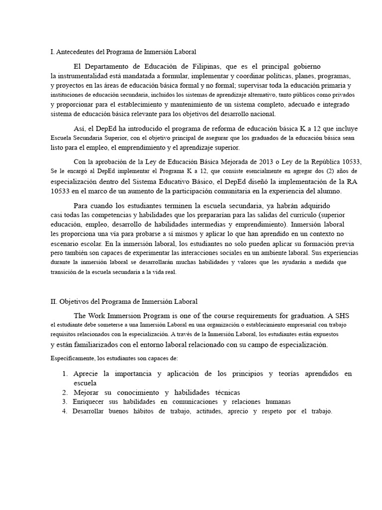 Antecedentes del Programa de Inmersión Laboral | PDF | Educación ...