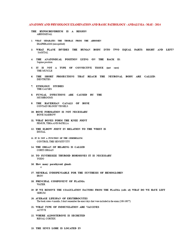 ANATOMY AND PHYSIOLOGY EXAMINATION AND BASIC PATHOLOGY 2014 | PDF ...