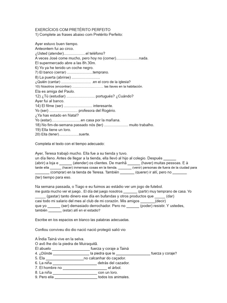 EJERCICIOS CON PRETÉRITO PERFECTO | PDF