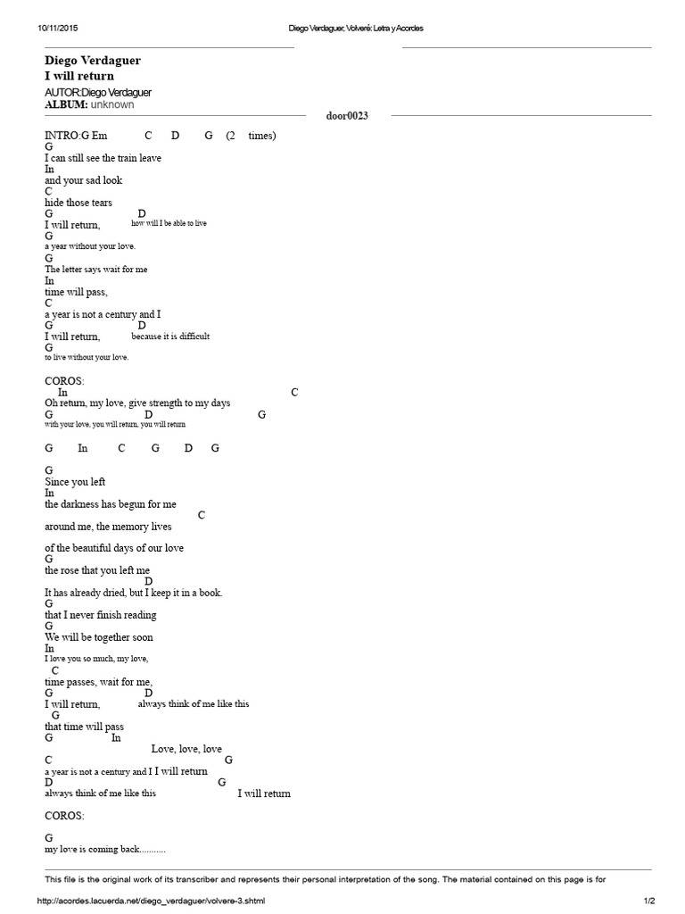 Diego Verdaguer Volveré: Lyrics & Chords | PDF | Songs
