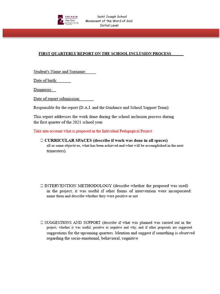 Quarterly Report Model for Early Childhood Level | PDF