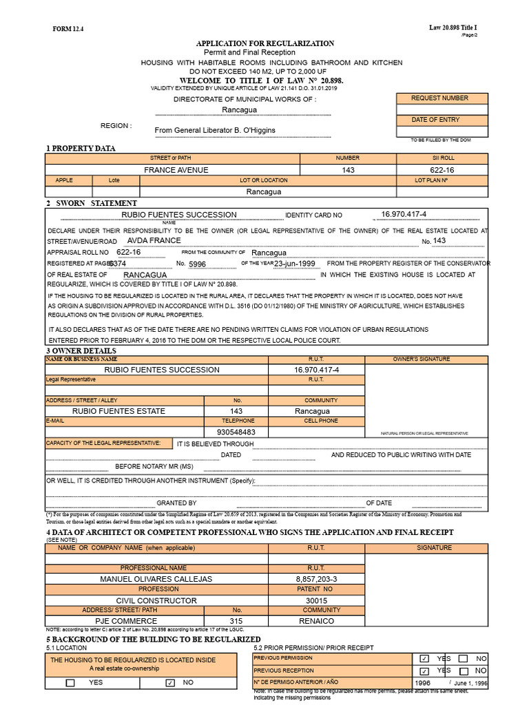 Form 12.4 Regularization Request for Housing Up to 140 m2 Law 20.898 ...