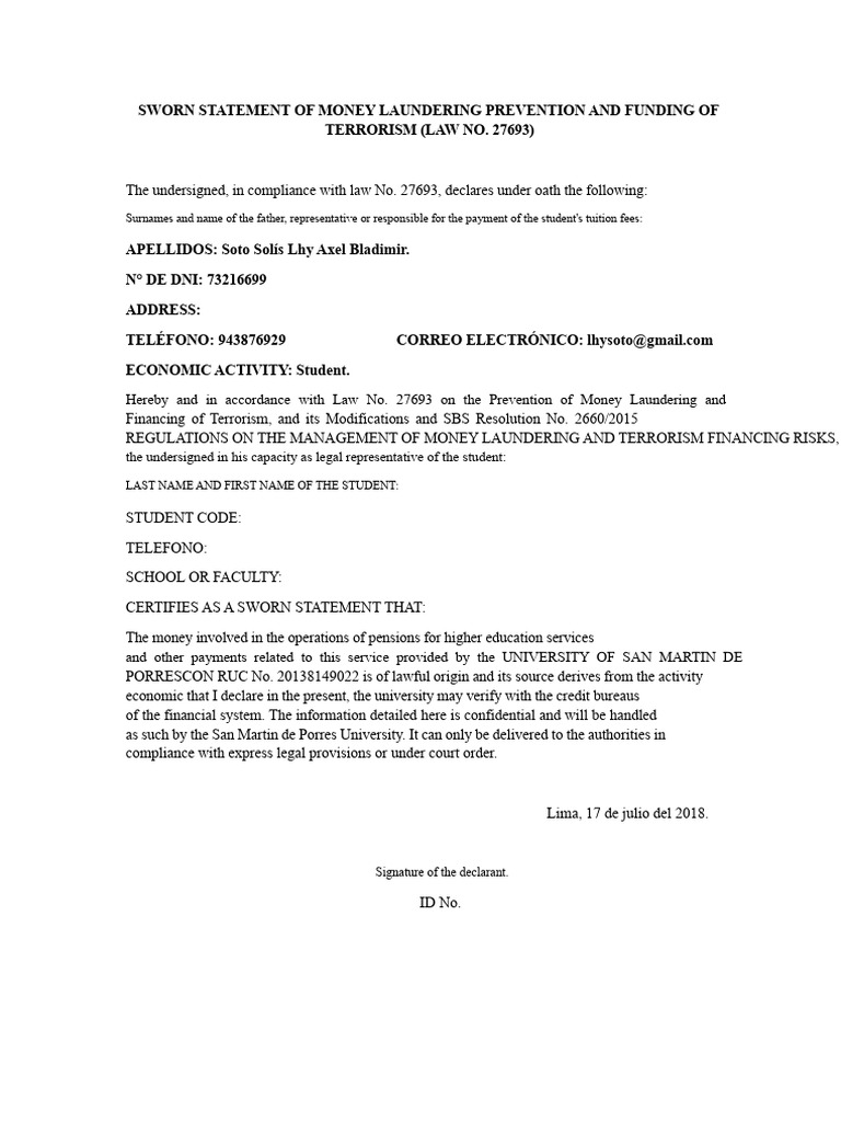 Affidavit of prevention of money laundering and financing of terrorism ...
