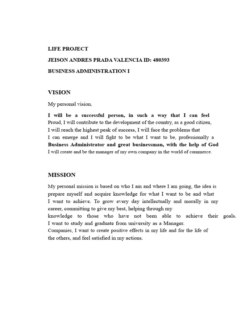 My Life Project: Vision and Mission | PDF