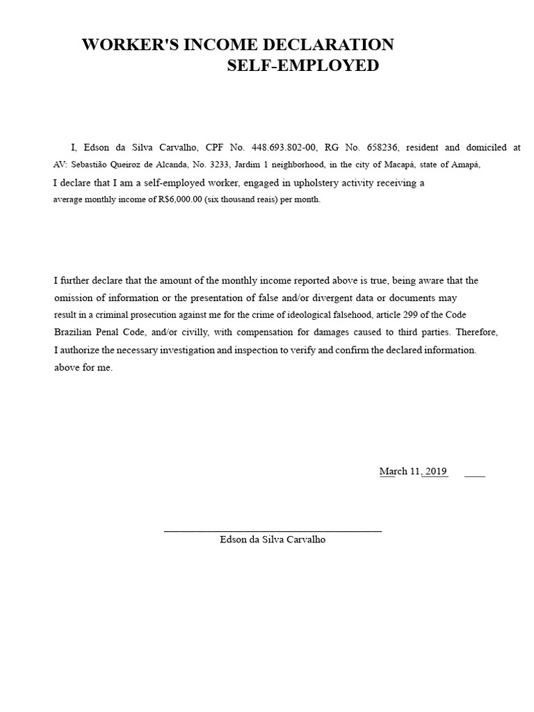 Self-Employed Income Declaration Form | PDF