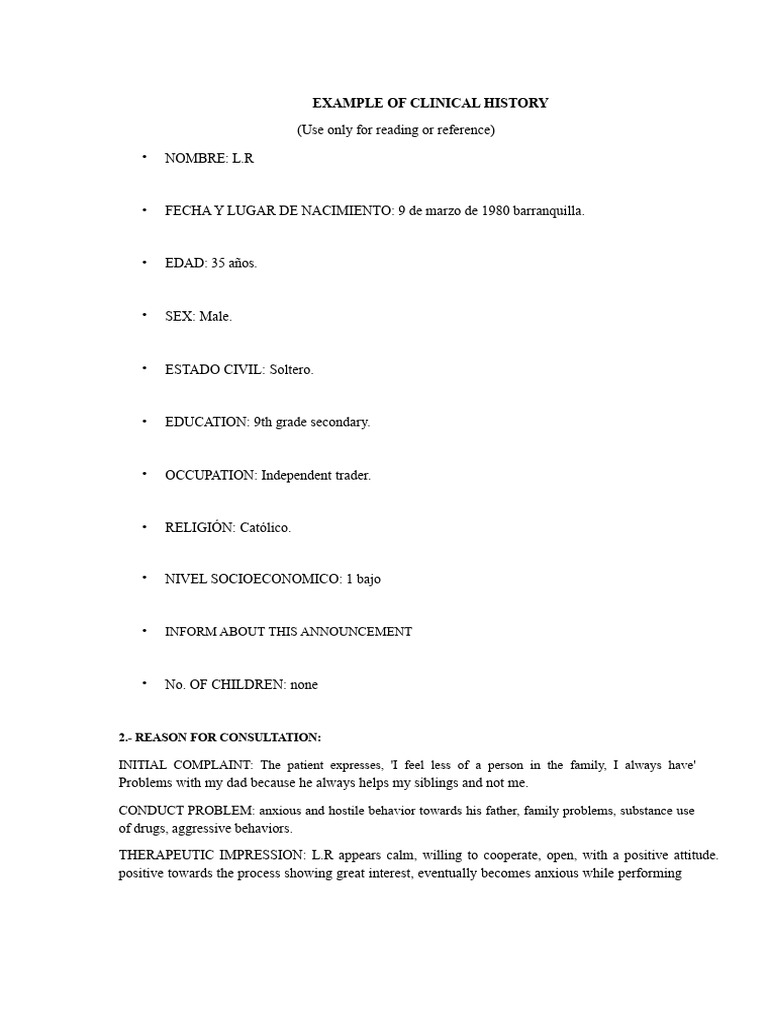Example of Medical History | PDF | Thought | Psychotherapy
