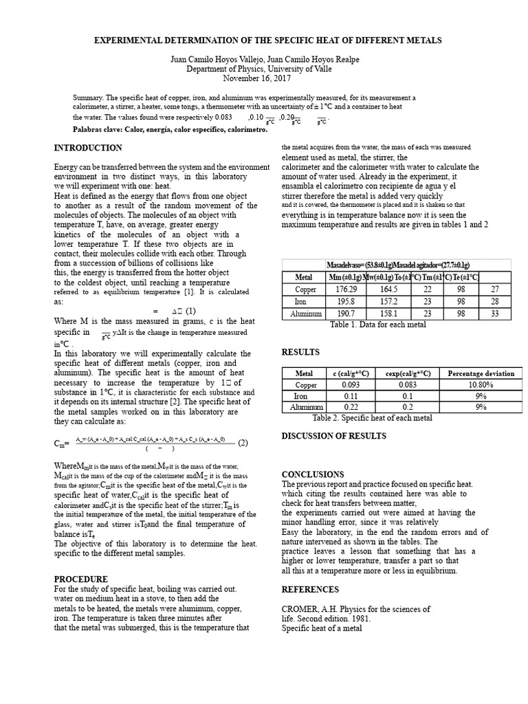 Physics Report. Specific Heat-1.docx | PDF | Heat | Heat Capacity