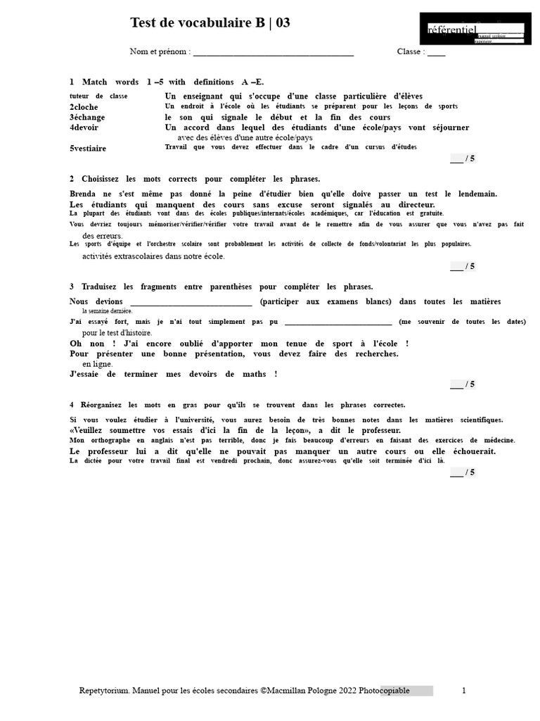 Test de vocabulaire scolaire B | PDF