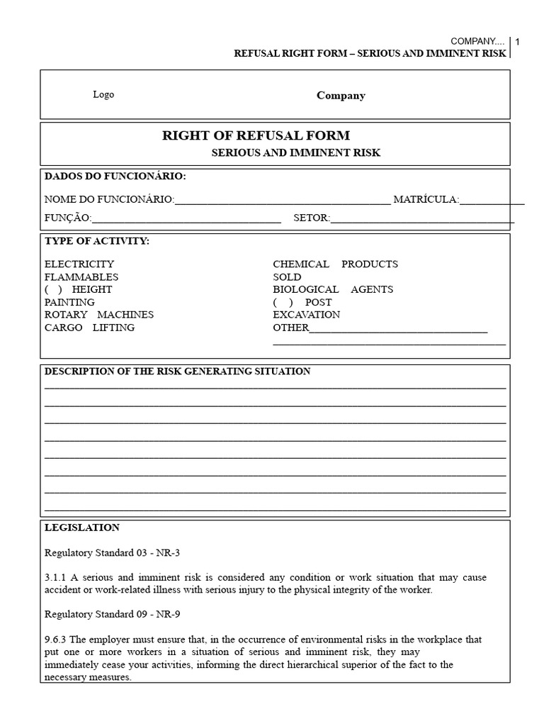 Refusal Right Form for Workplace Risks | PDF | Risk | Employment