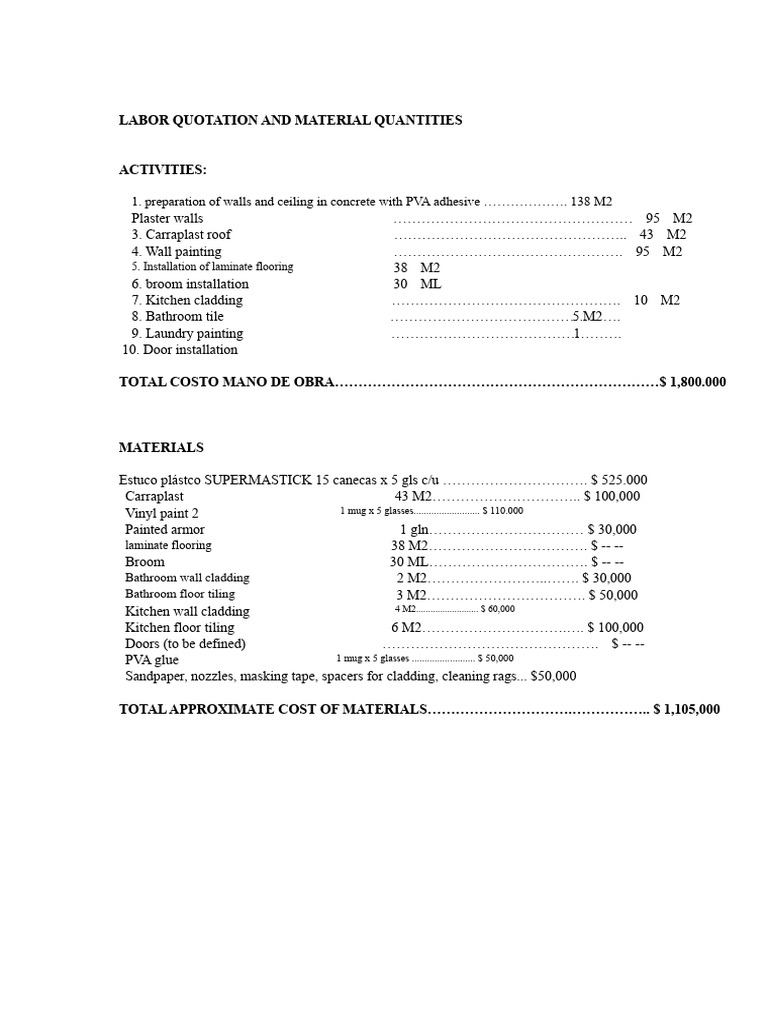 Labor Quotation and Material Quantities | PDF