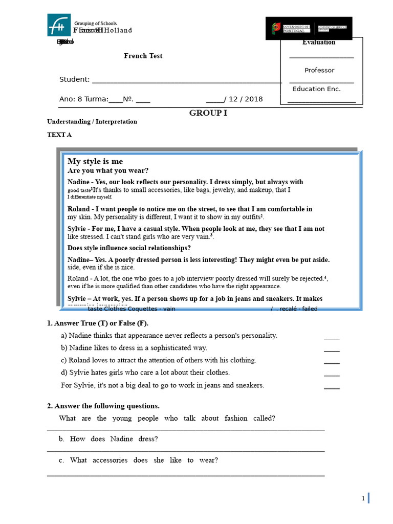 2nd French Test 8th Grade 2018_19DL 54 | PDF | Softlines (Retail ...