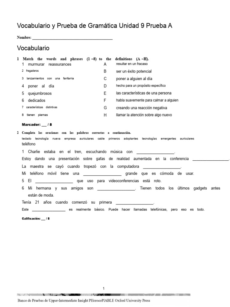 Prueba de Vocabulario y Gramática Unidad 9 Prueba A | PDF