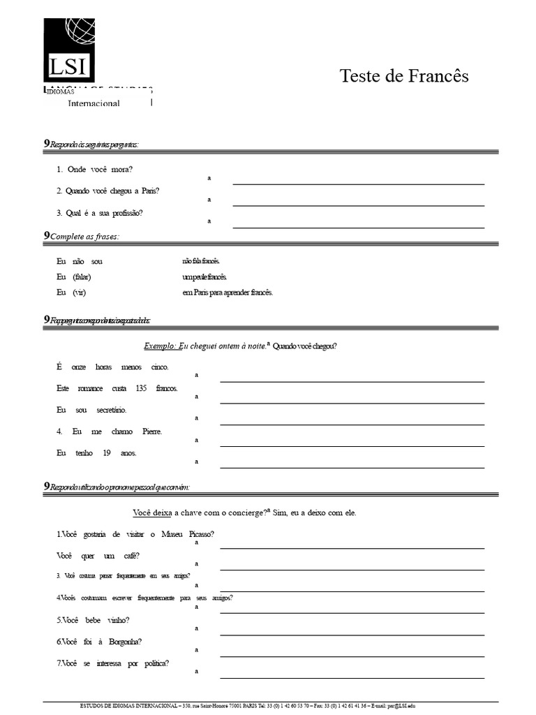 Teste De Francês Pdf França Linguística