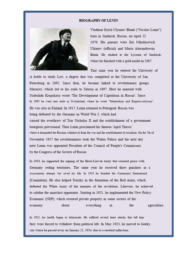 Biography of Lenin | PDF | Vladimir Lenin | Karl Marx
