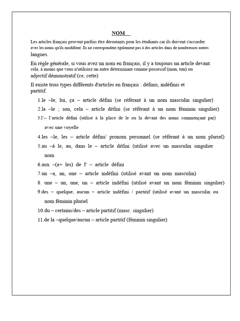 Guide des articles et mots français essentiels | PDF | Nombre ...