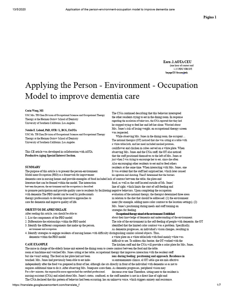 Enhancing Dementia Care with PEO Model | PDF | Dementia | Occupational ...