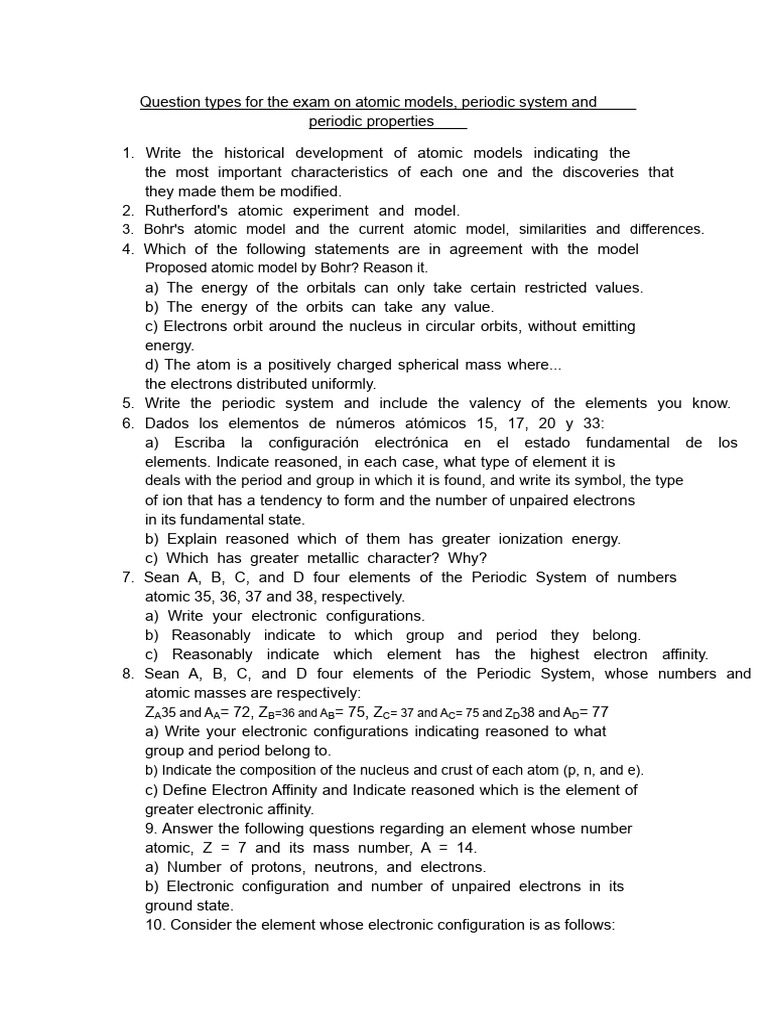Exam Questions on Atomic Models and Periodic Table | PDF | Periodic ...