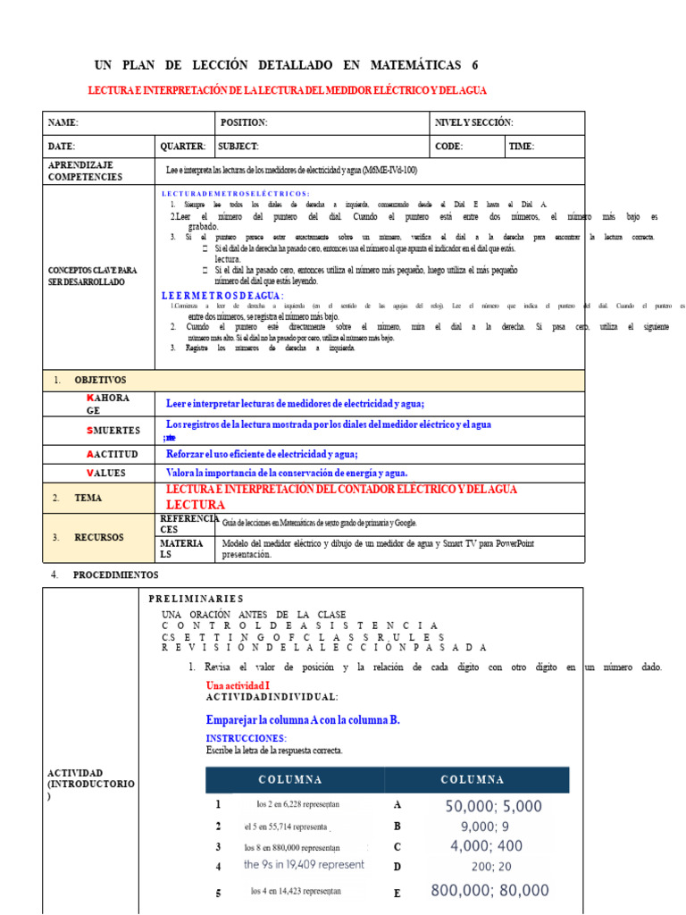 PLAN DE LECCIÓN EJEMPLAR EN MATEMÁTICAS 6 - INTERPRETAR LECTURAS DE ...