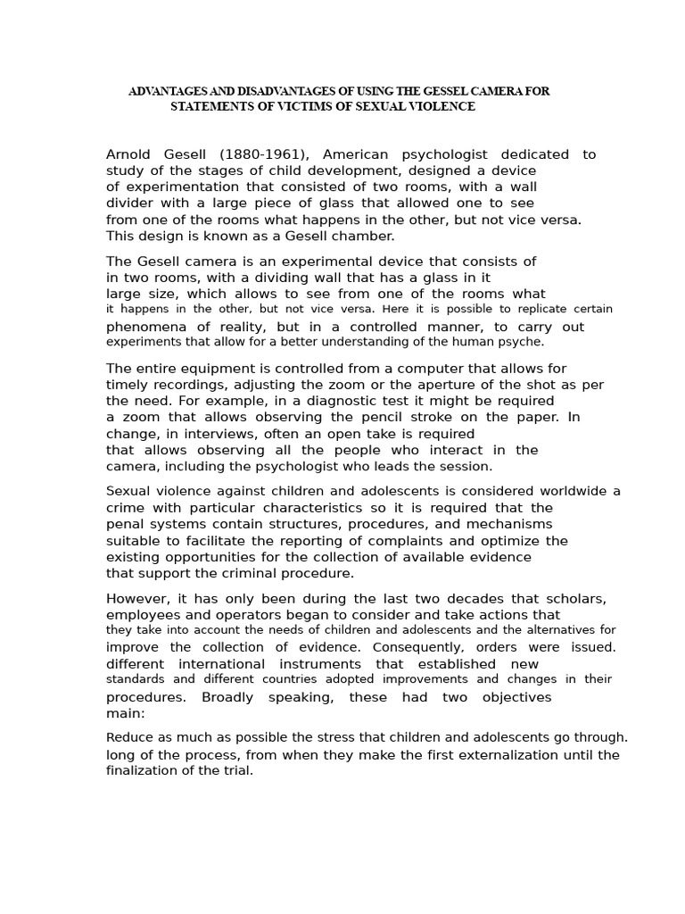 Gesell Camera: Pros and Cons for Victim Interviews | PDF | Adolescence ...