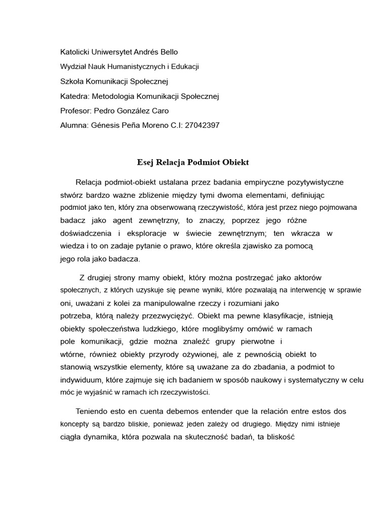 Relacja Podmiot Obiekt GENESIS PEÑA | PDF