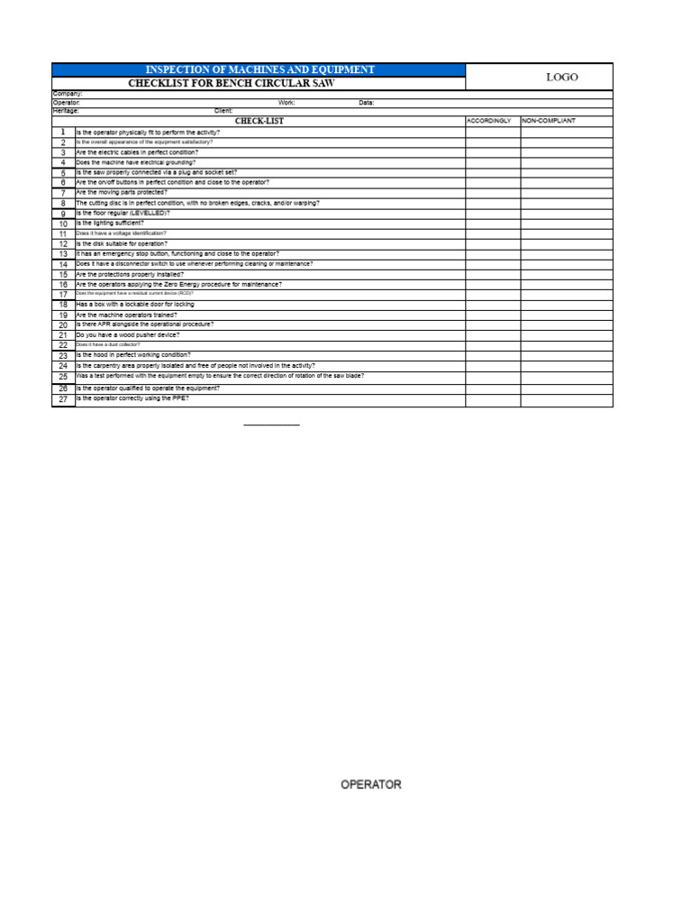 Circular Saw Table Check List.xls | PDF