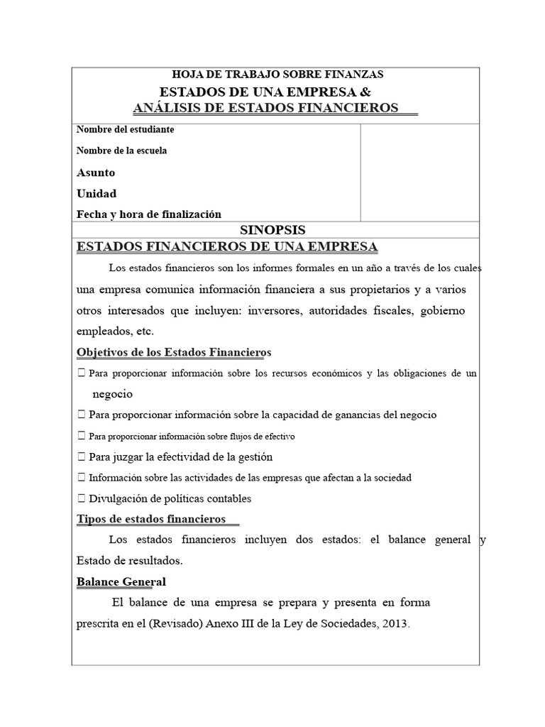 Hoja de Trabajo Sobre Los Estados Financieros de Una Empresa para El Examen de Junta. | PDF ...