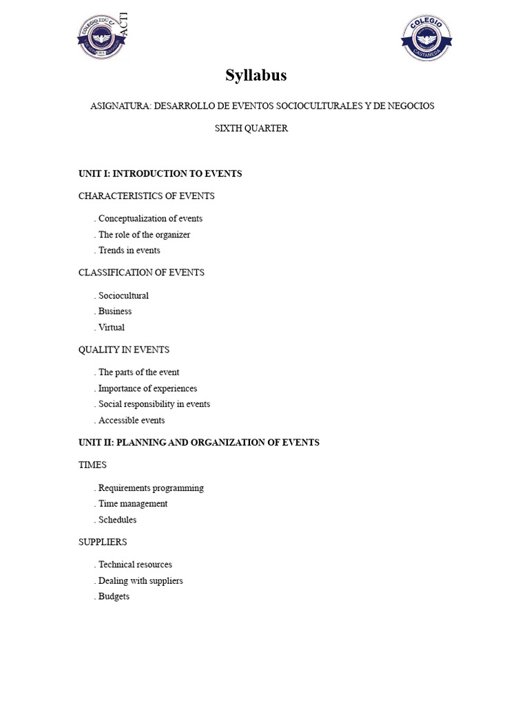 Syllabus for the Development of Sociocultural and Business Events | PDF