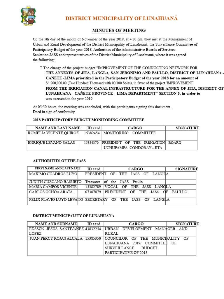 Model of Meeting Minutes for the Monitoring Committee | PDF ...