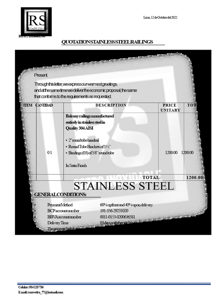 STAINLESS STEEL RAILING QUOTE | PDF