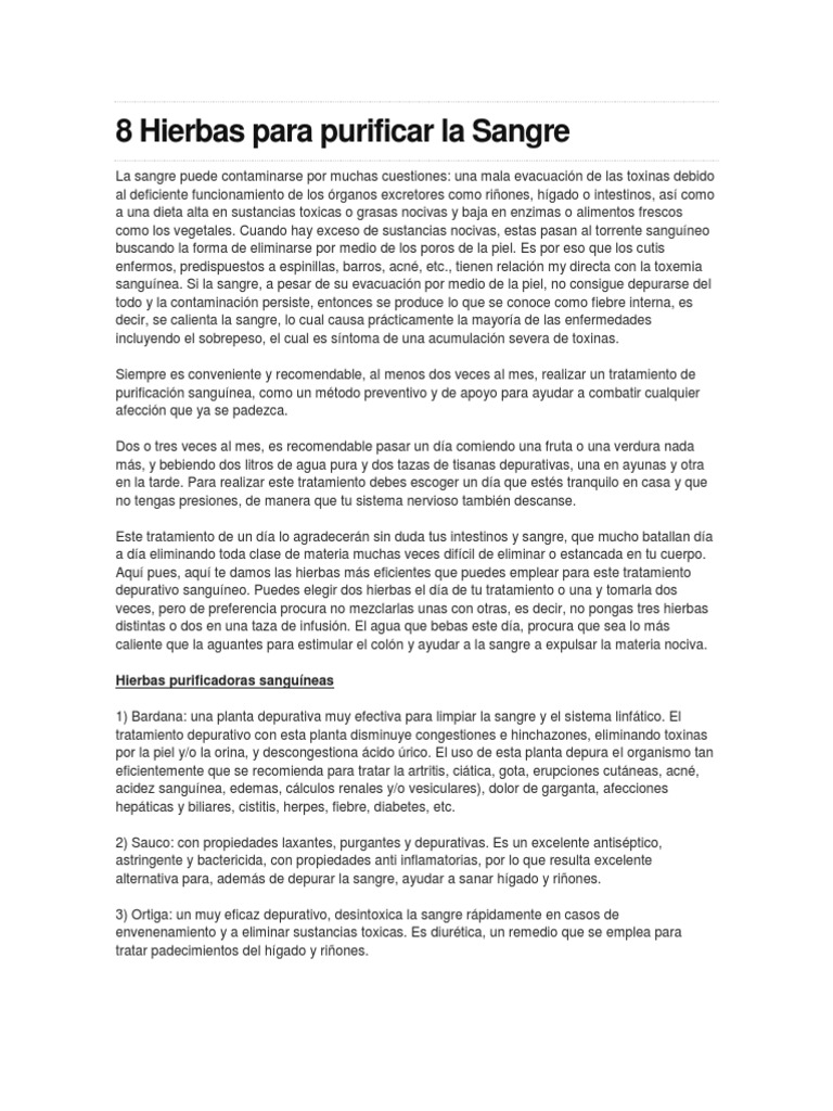 Ocho Hierbas para Purificar La Sangre | PDF | Sangre | Riñón