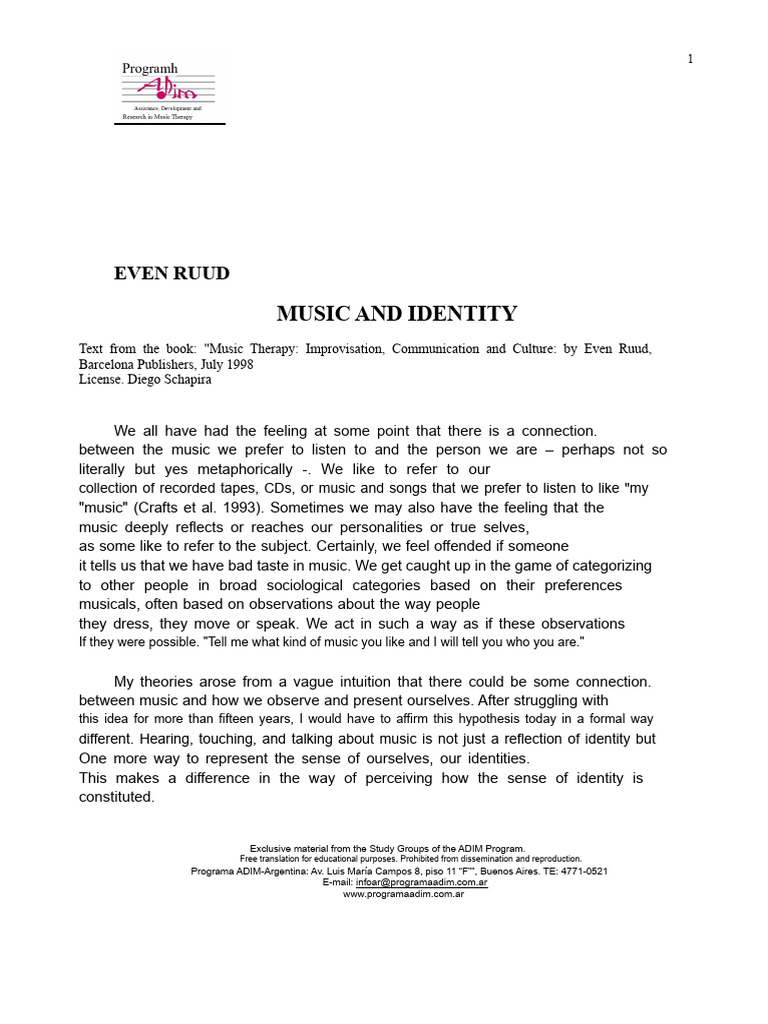 Even Ruud - Music and Identity | PDF | Identity (Social Science) | Self ...