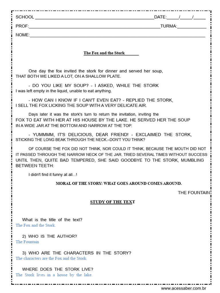 Interpretation of The Text - The Fox and The Stork - 4th or 5th Grade ...