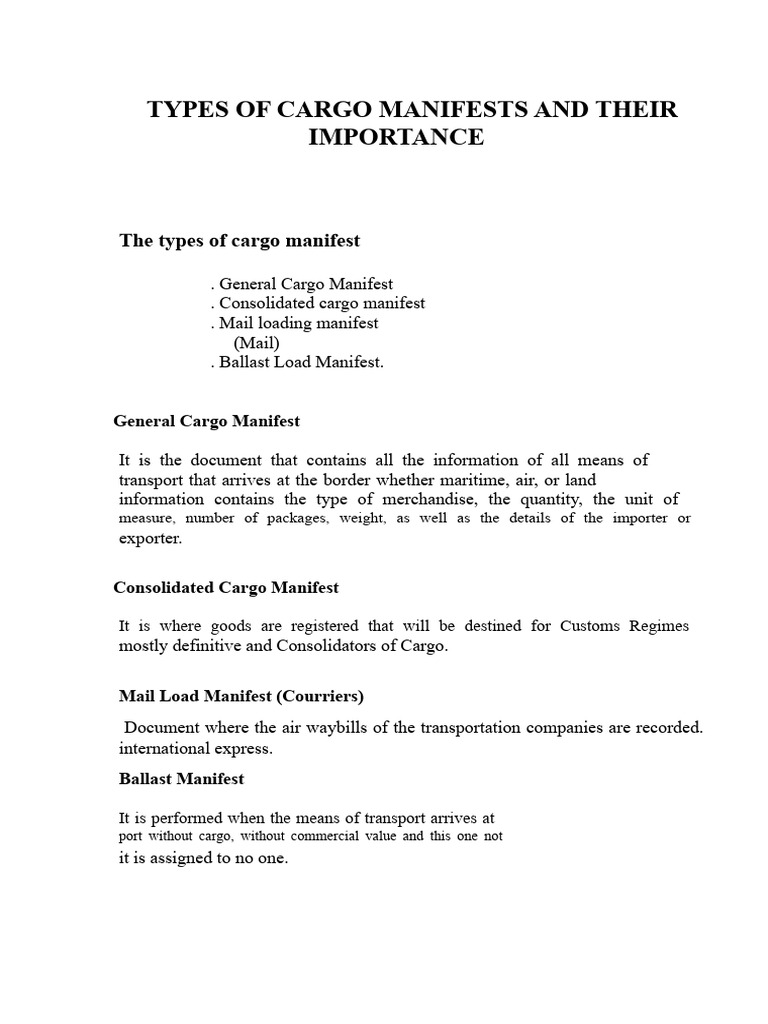 Types of Cargo Manifests Explained | PDF