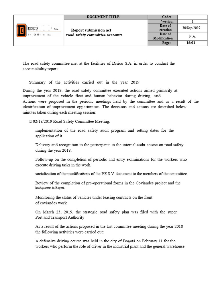 Accountability report P.E.S.V. 10 | PDF | Safety | Road