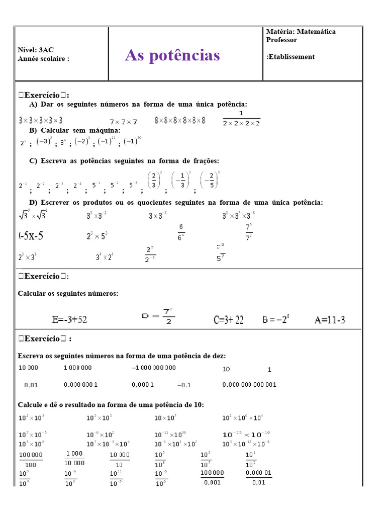 Exercícios de Potências e Notação Científica | PDF